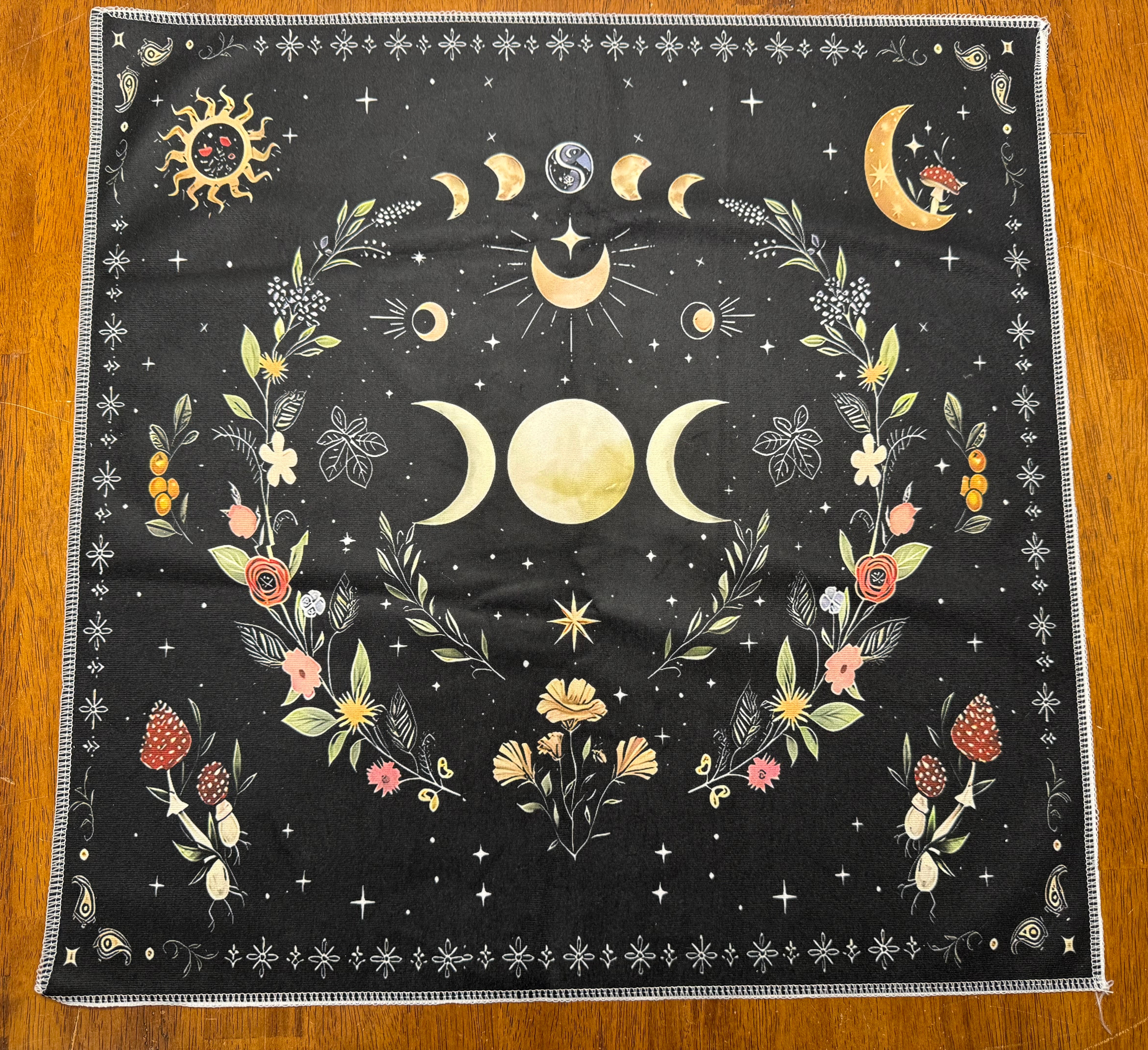 Altar Cloth - black - Triple Moon, Moon Phase, Yin Yang, floral Border ...